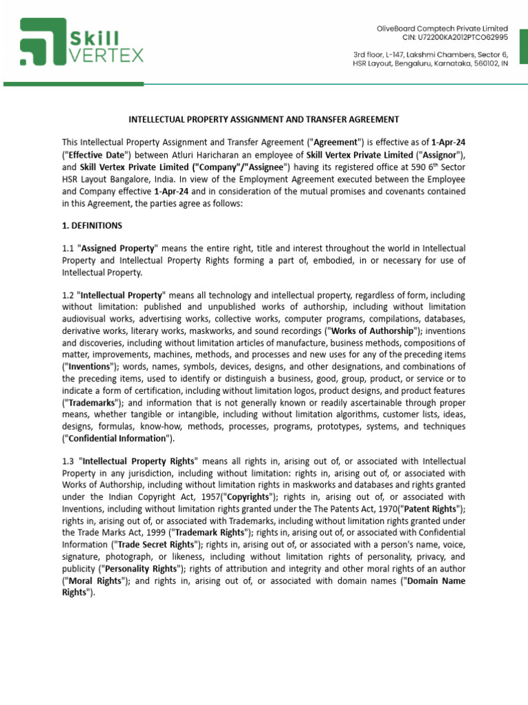 IP Transfer Agreement for Employees | PDF | Assignment (Law) | Indemnity