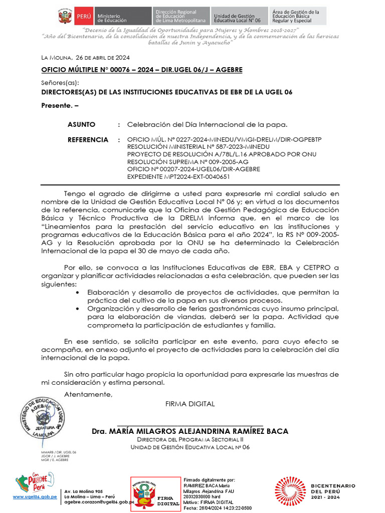 Oficio Multiple #00076-2024-Dir-Ugel-J-Agebre | PDF | Patata | Agricultura