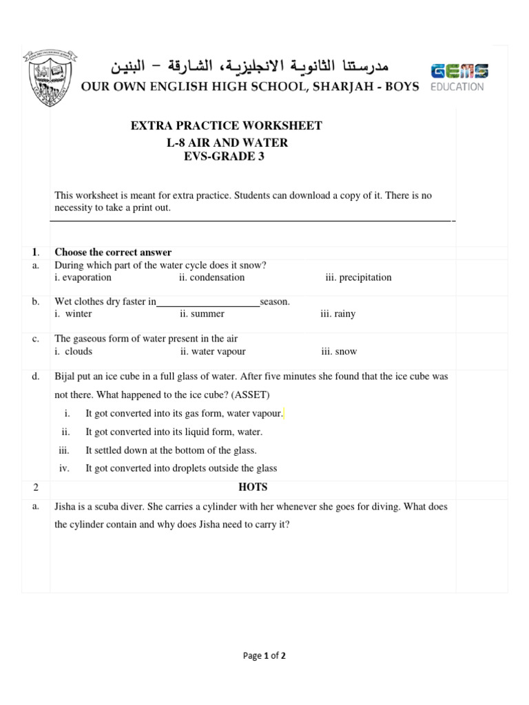 Grade 3 EVS Practice Worksheet | PDF