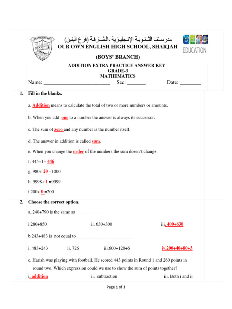 Addition Extra Practice Answer Key 2022 | PDF | Arithmetic | Mathematics