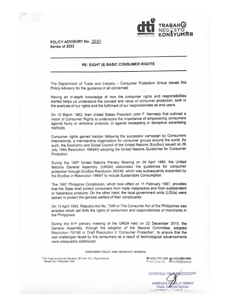 Eight (8) Basic Consumer Rights | PDF