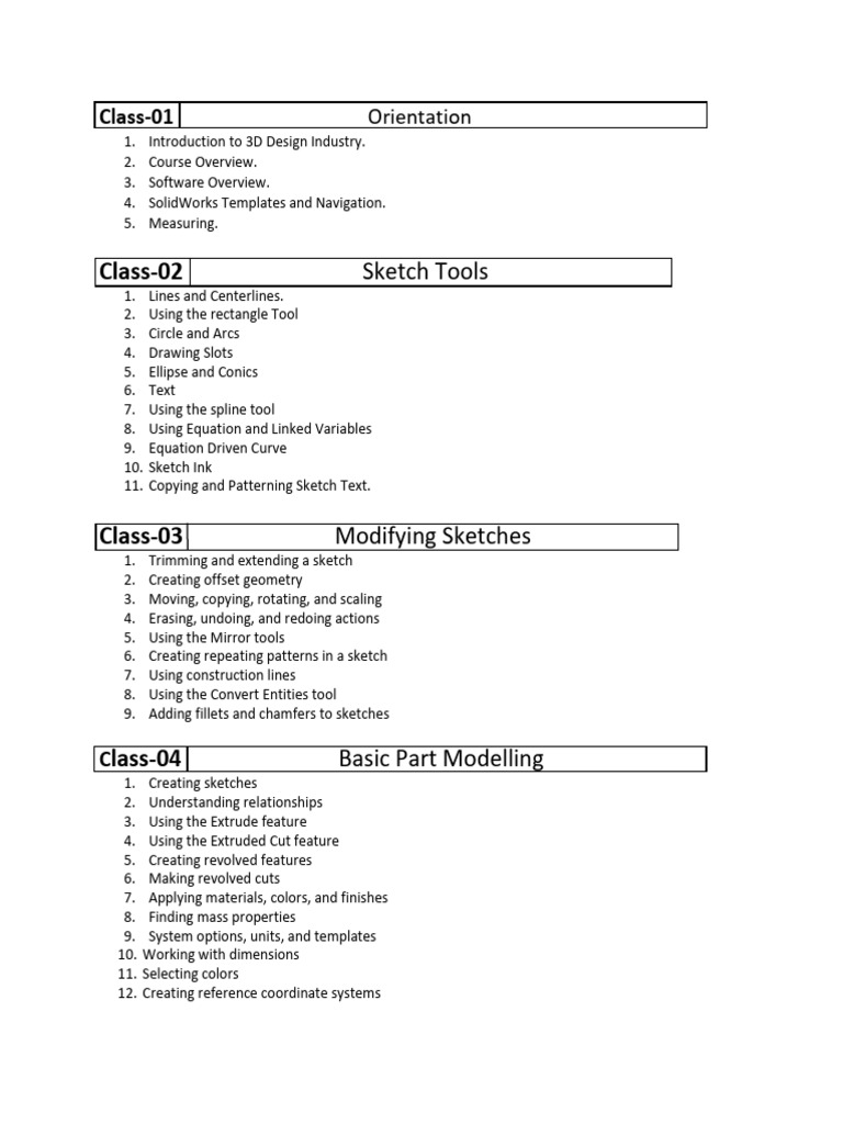 Solidowrks Class Outline | PDF | Curve | Coordinate System
