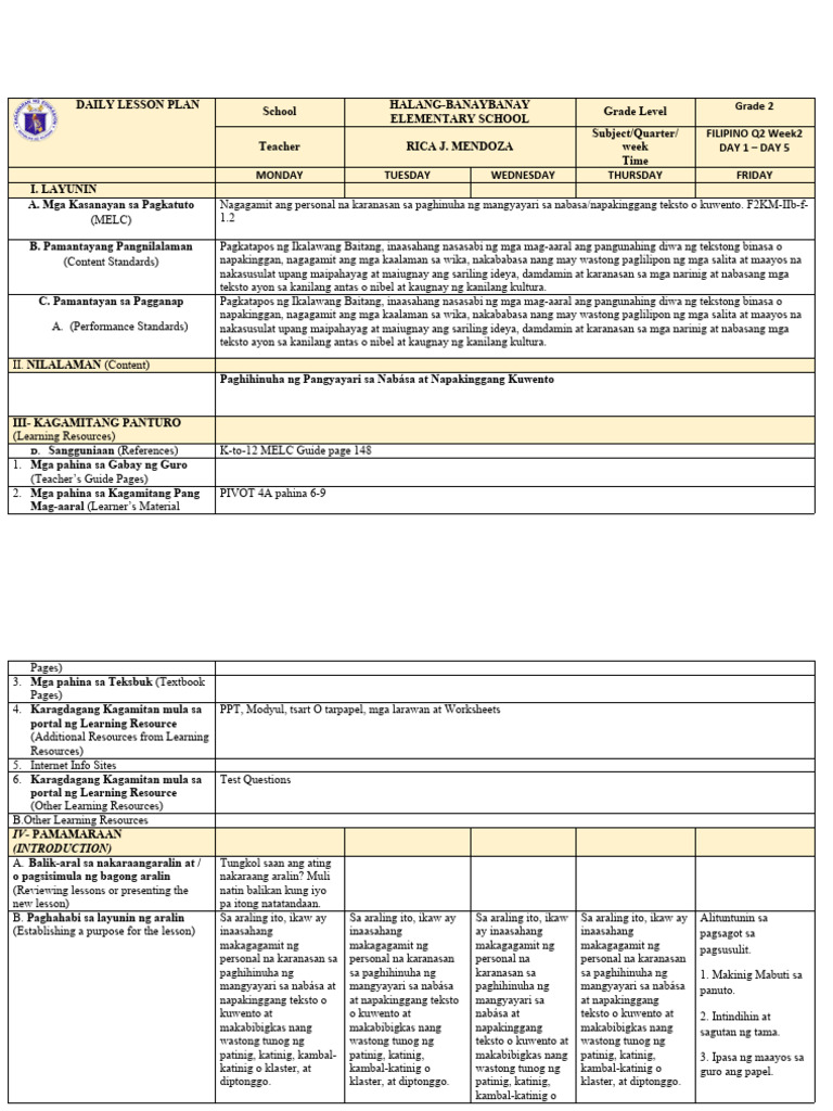 DLP Fil Week 2 Day 1-5 | PDF
