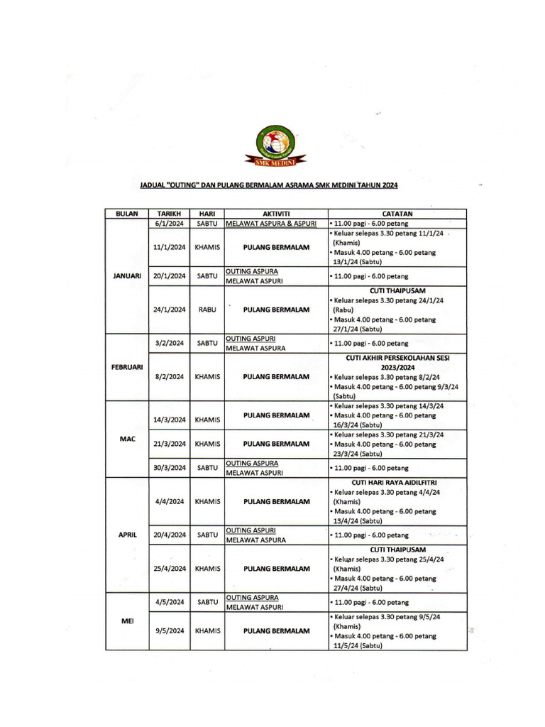 Jadual Pulang Bermalam SMK Medini 2024 | PDF