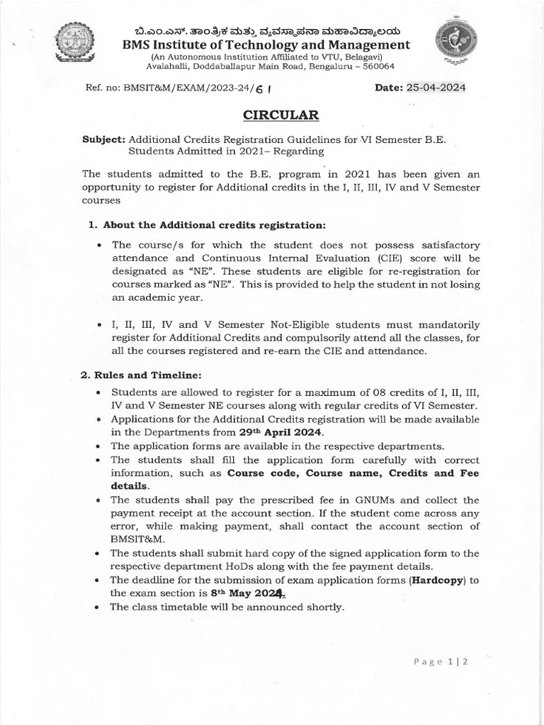 Addl Credits Reg. Guidelines For 6th Sem B.E. (2021 Batch) | PDF