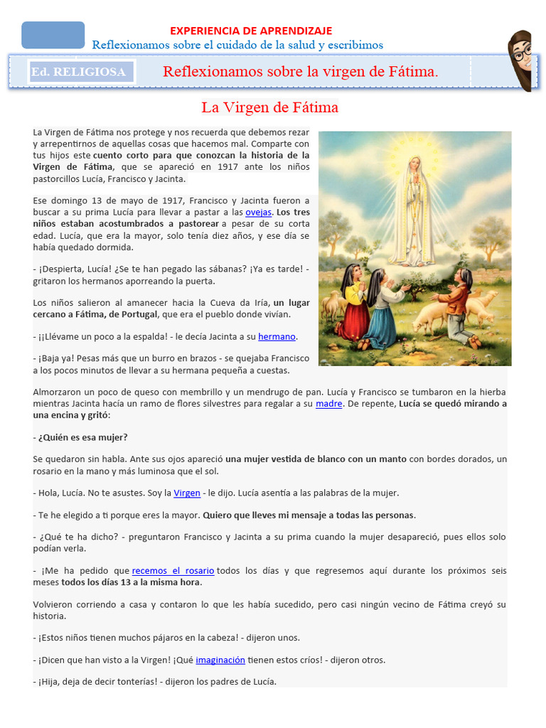 D3 A2 FICHA Reflexionamos Sobre La Virgen de Fátima. | Descargar gratis PDF | Nuestra señora de ...