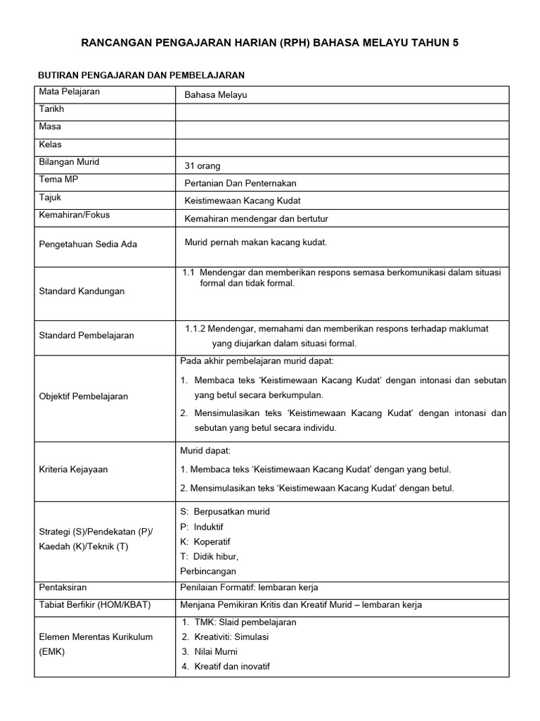 RPH Kemahiran Mendengar Dan Bertutur M7 | PDF