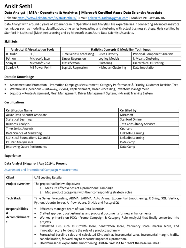 Resume_Ankit_Sethi_2022 | PDF | Cluster Analysis | Time Series