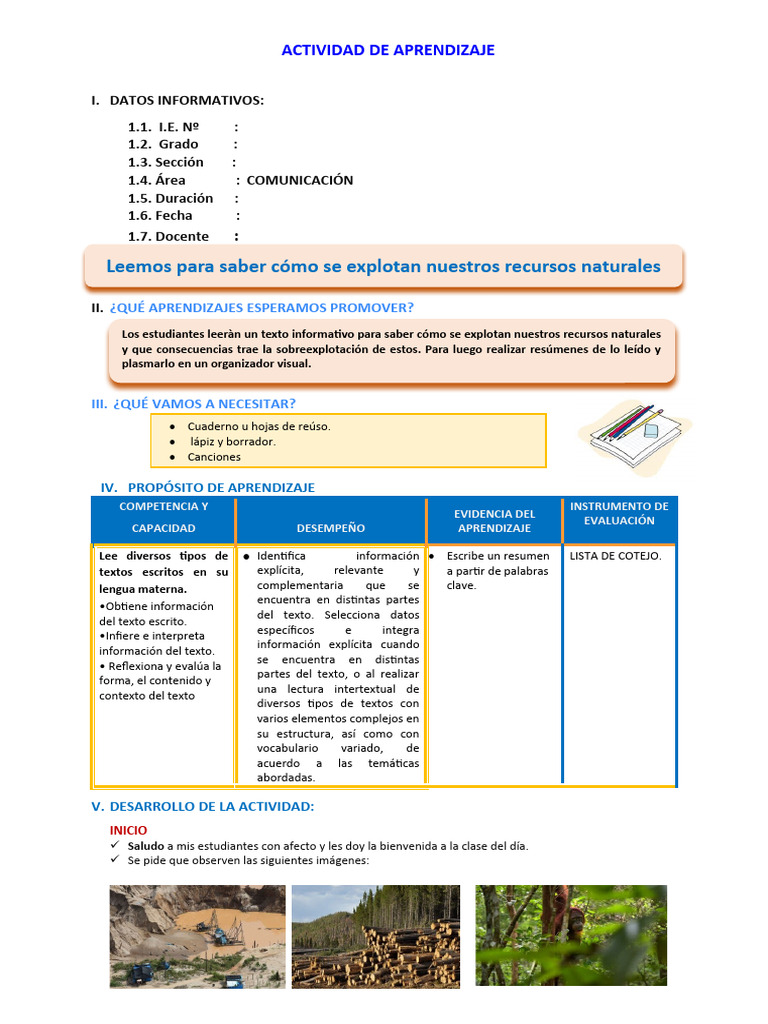 D1 A1 SESION COM. Leemos para Saber Cómo Se Explotan Nuestros Recursos Naturales | PDF ...