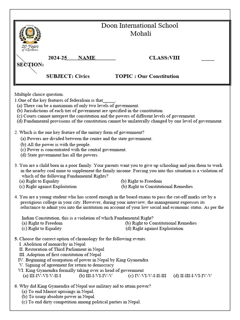 Civics Quiz for Class VIII Students | PDF | Government | Justice