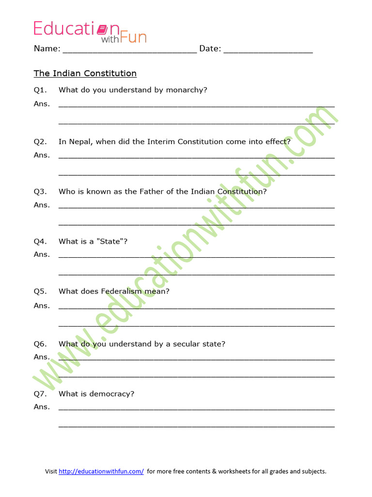 The Indian Constitution Worksheet 1 | PDF | Legal Documents | Government
