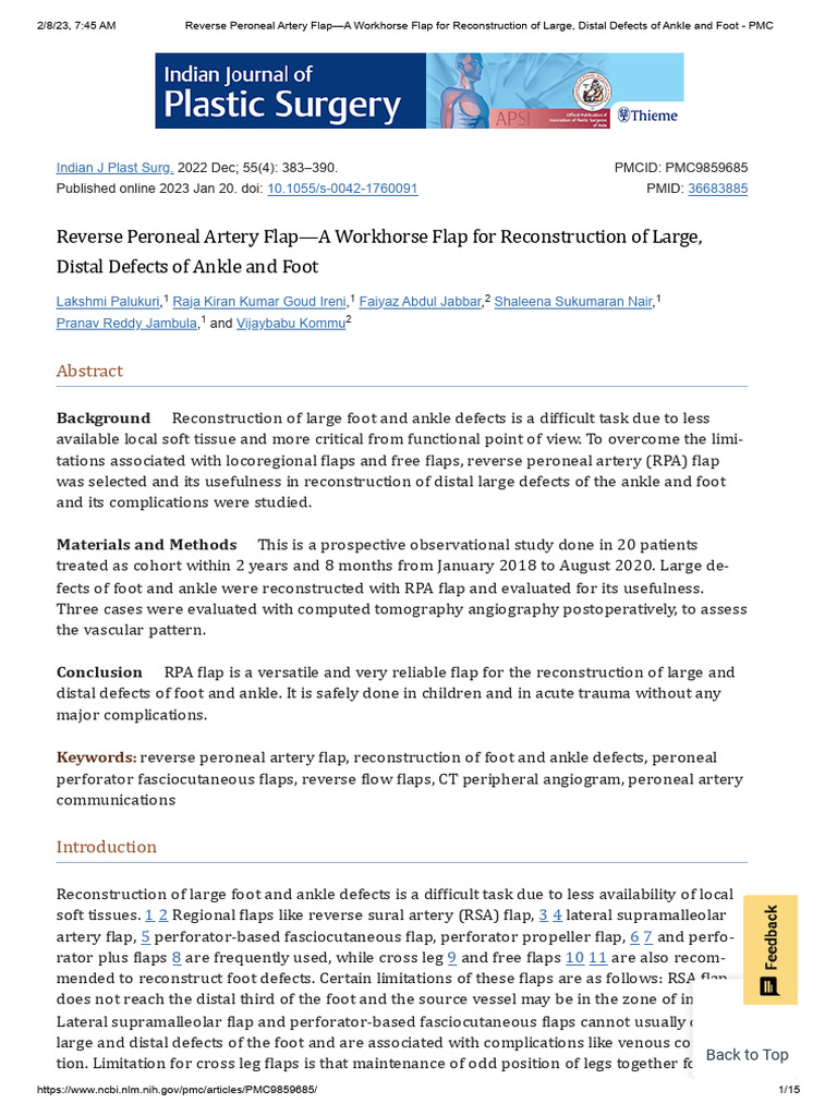 Reverse Peroneal Artery Flap for Ankle Reconstruction | PDF | Ankle ...