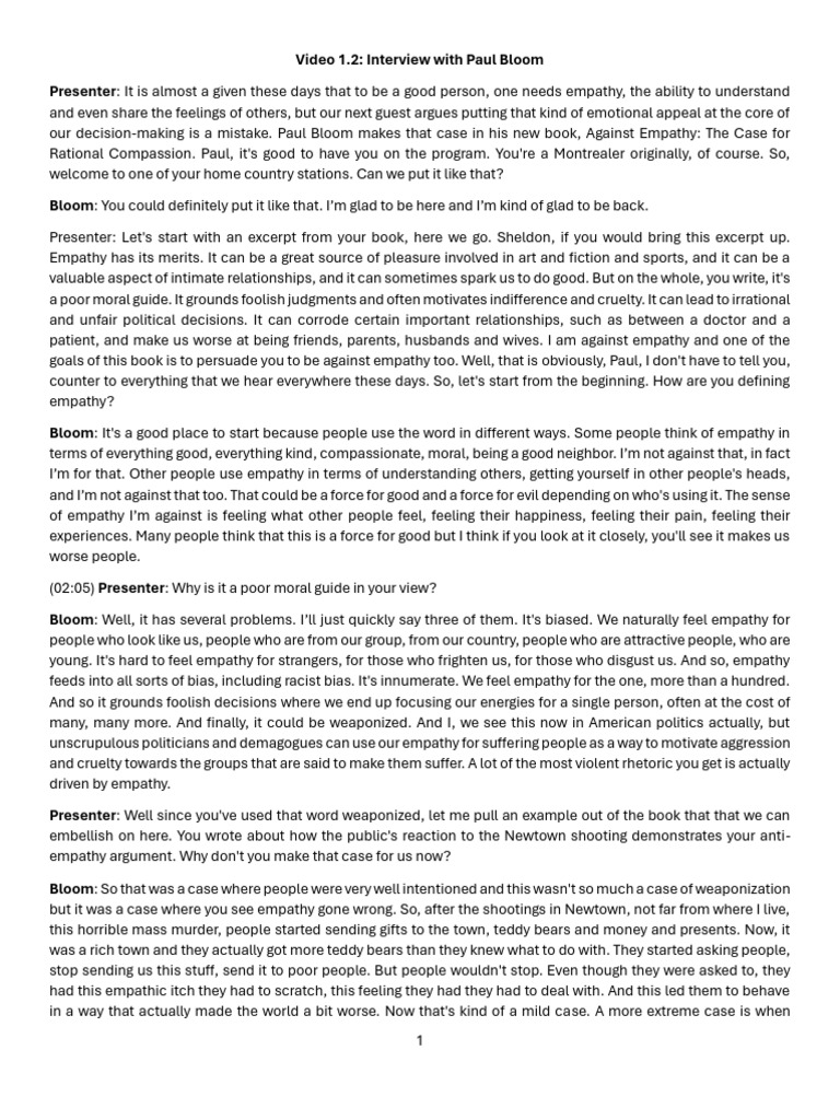 Video 1.2 Interview With Paul Bloom | PDF | Empathy | Compassion