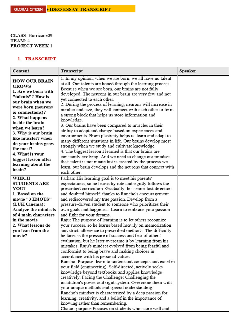 Class - Team Transcript | PDF | Learning | Brain
