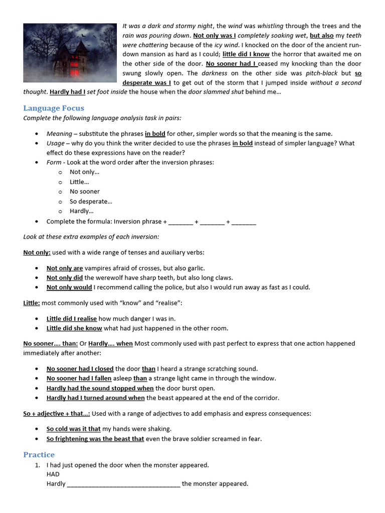 Horror Story Dictogloss Student Handout | PDF | Phrase | Language Mechanics