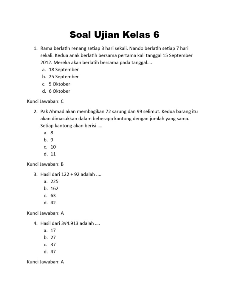 Soal Ujian Kelas 6A MATIK | PDF