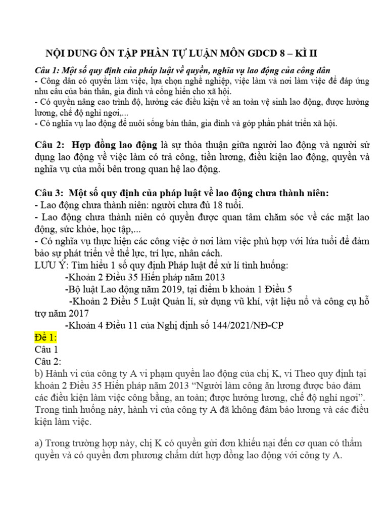 NỘI DUNG ÔN TẬP PHẦN TỰ LUẬN MÔN GDCD 8 | PDF