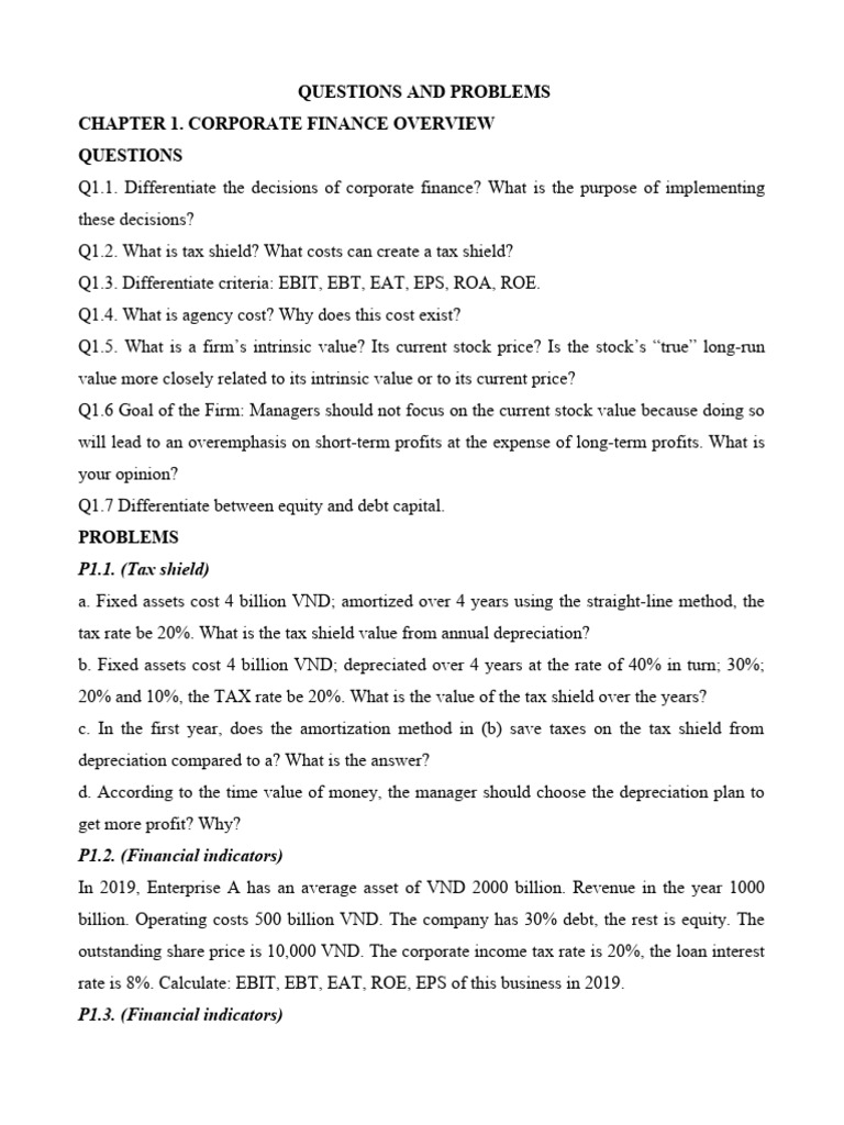 Questions and Problems Chapter 1. Corporate Finance Overview Questions | PDF | Bonds (Finance ...