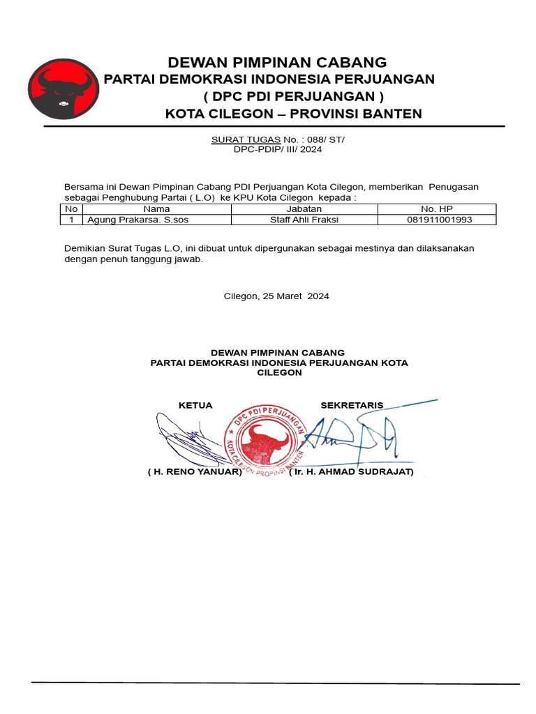 Surat Tugas Penghubung Partai PDI Perjuangan | PDF | Karier & Perkembangan