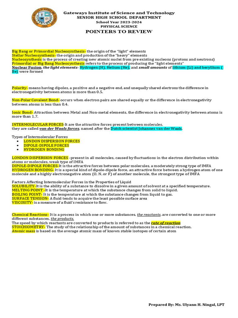Pointers To Review G11 Physical Science | PDF | Intermolecular Force ...