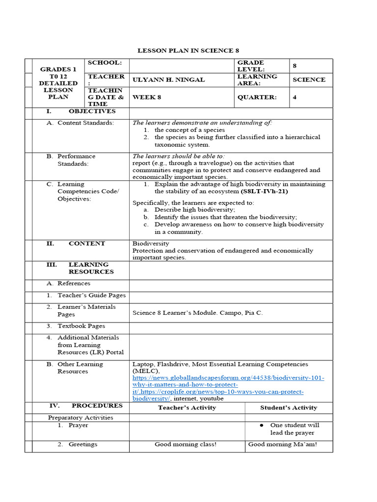 Lesson Plan - Envi Scie - Ningal, Ulyann H. | PDF | Biodiversity | Ecosystem