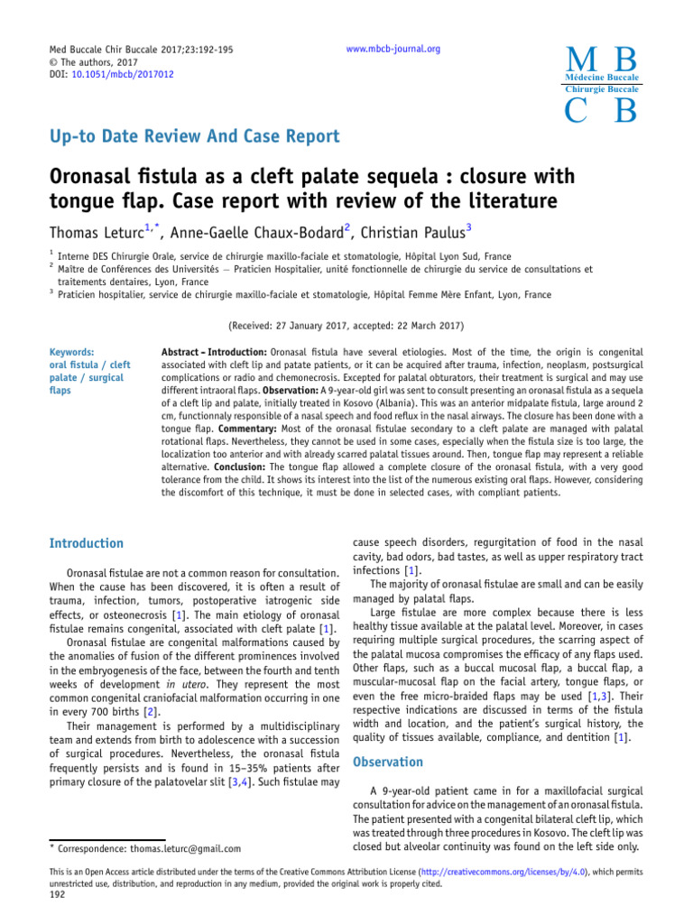 Oronasal Fistula As A Cleft Palate Sequela Closure With Tongue Flap ...