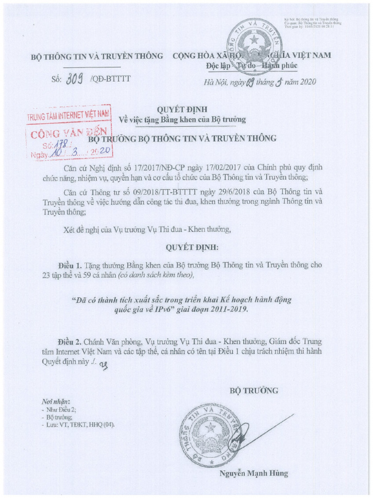 309 QĐ BTTTT KhenThuongThanhTichThucHienKeHoachHanhDongQuocGiaVeIPv6 | PDF