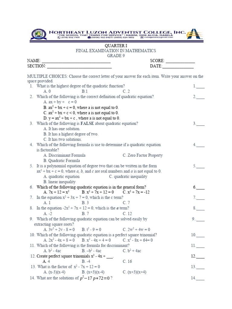 Math9-Final Exam 1ST Quarter | PDF | Quadratic Equation | Equations