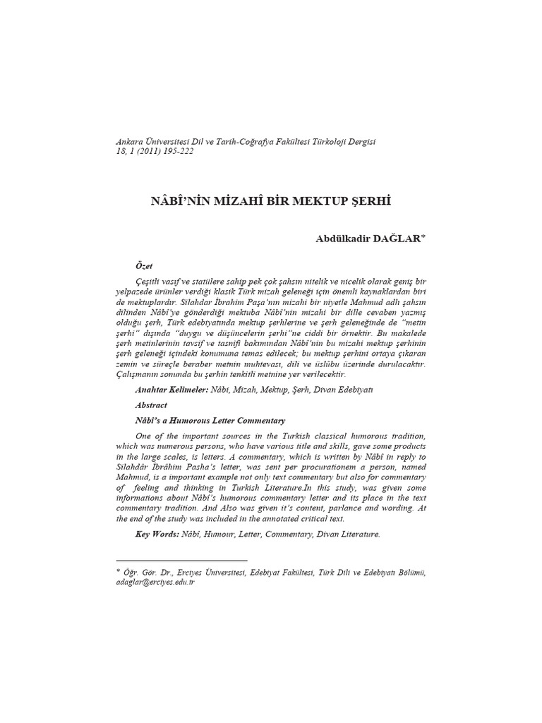+Nâbî'Ni̇n Mi̇zahî Bi̇r Mektup Şerhi̇ | PDF