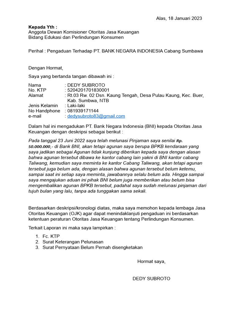 Surat Pengaduan Ke OJK | PDF Surat Pengaduan Ke OJK | PDF