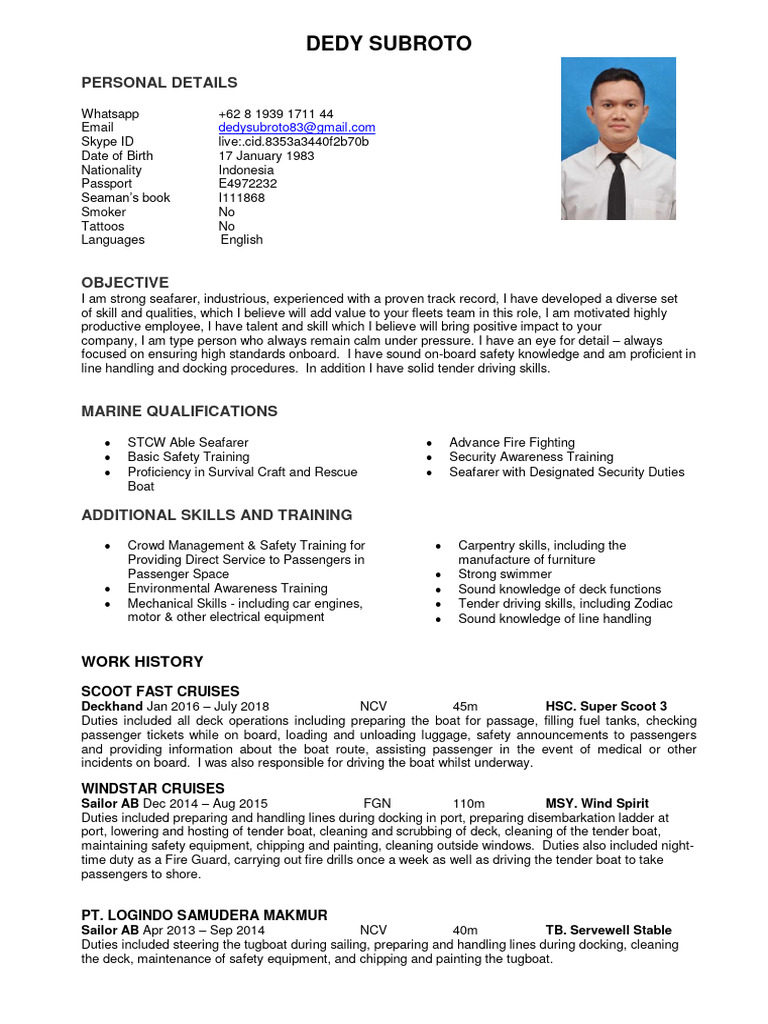 CV Dedy Subroto Deckhand | PDF | Sailor | Shipping