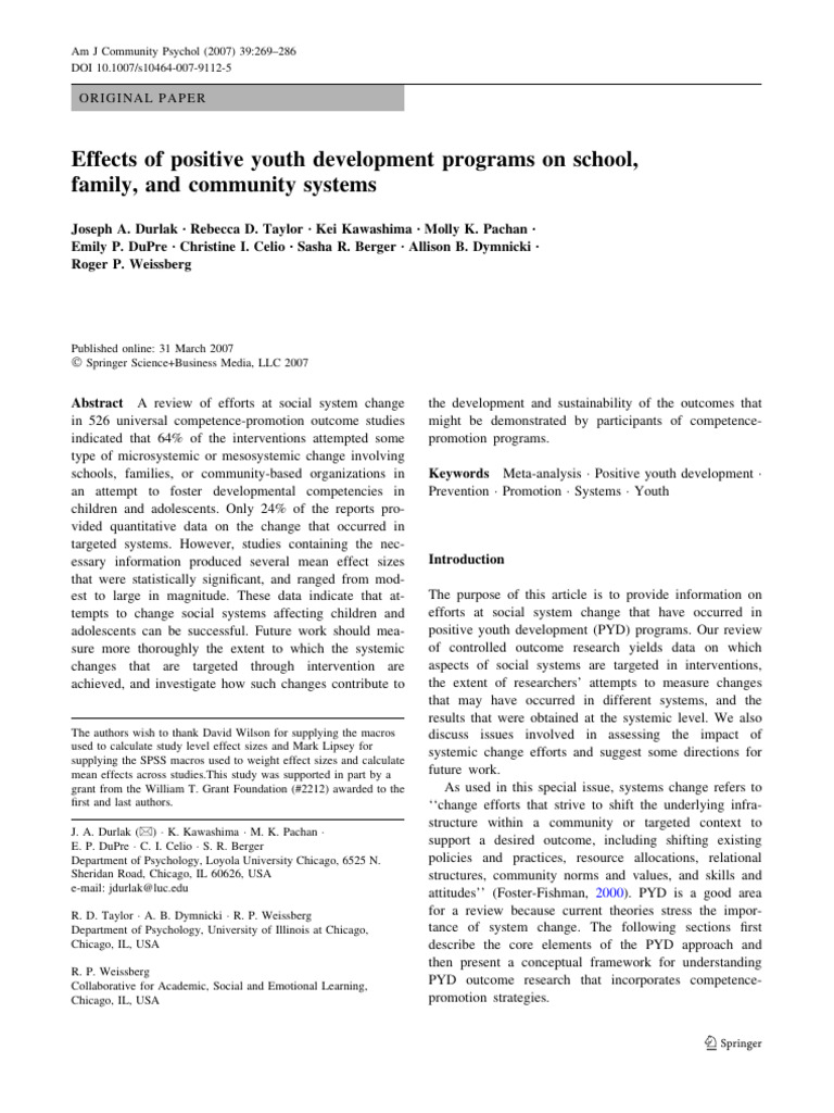 Effects of positive youth development programs on school, family, and ...
