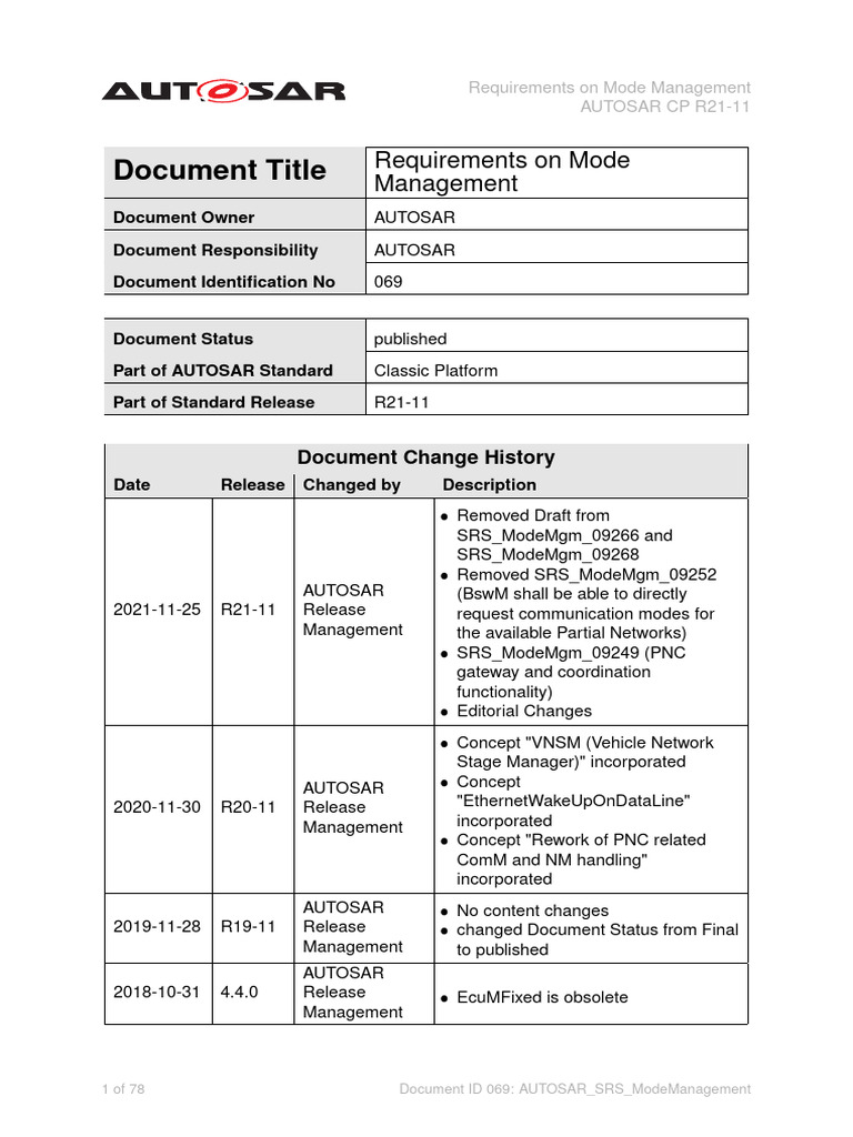 Autosar Srs Modemanagement Pdf Computer Program Programming 