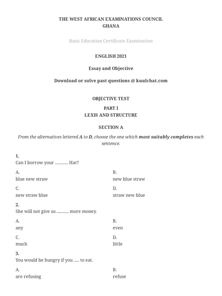 BECE 2021 English Questions & Answers | PDF | Cats | Mouse