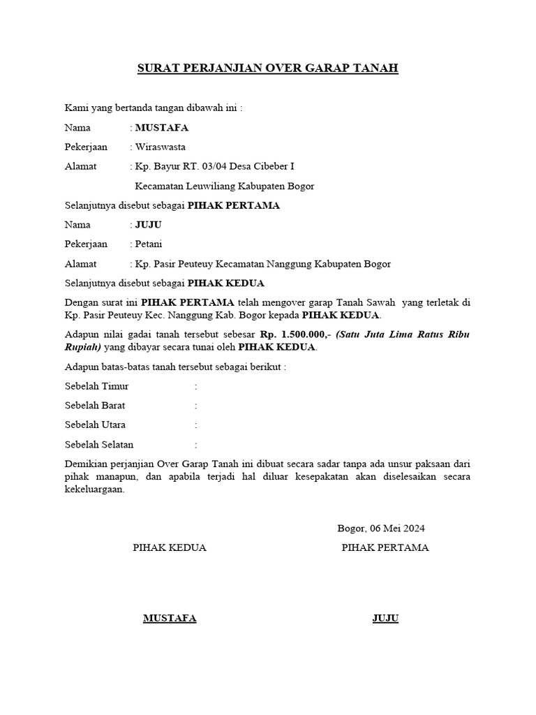 Surat Perjanjian Over Garap Tanah | PDF