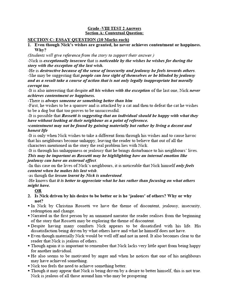 Short Story Nick Questions | PDF | Jealousy | Emotions