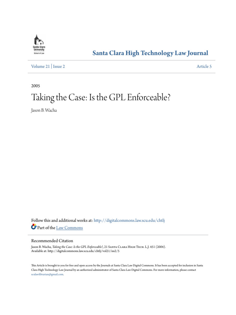 Taking The Case: Is The GPL Enforceable?: Santa Clara High Technology Law Journal | PDF ...