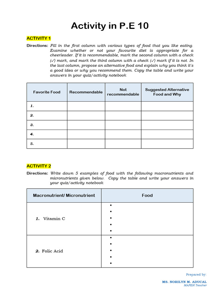P.E 10 Q4 Activity Sheets | PDF | Nutrients | Foods