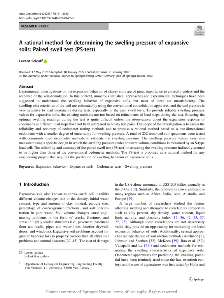Expansive Soils Swelling Pressure Method | PDF | Soil | Applied And ...