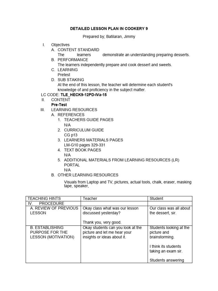 Lesson Plan: Dessert Preparation 9 | PDF | Educational Assessment ...