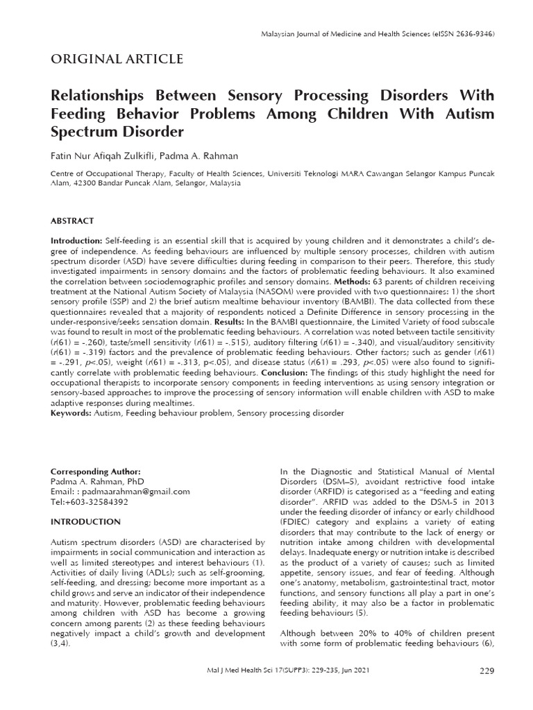 Relationships Between Sensory Processing Disorders With Feeding ...