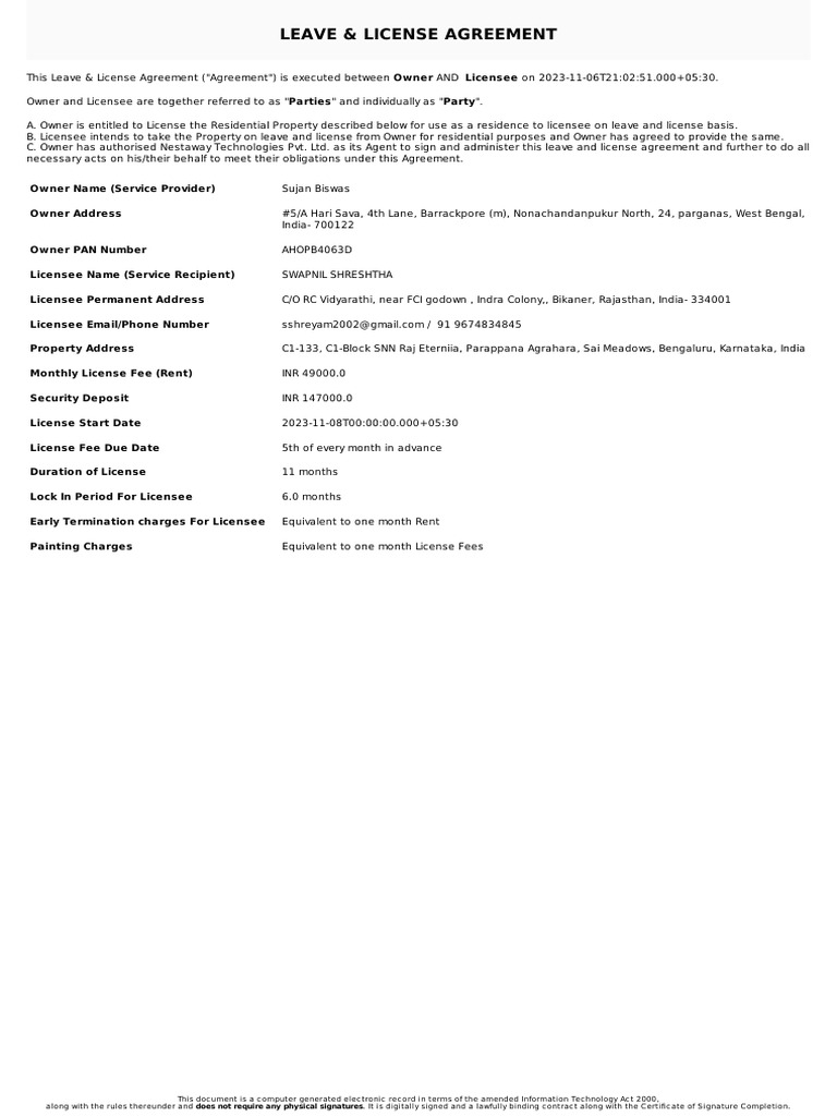 Leave & License Agreement | PDF | Landlord | License