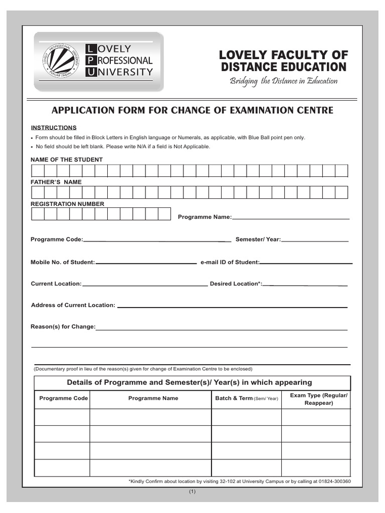 Examination Centre Change Form | PDF