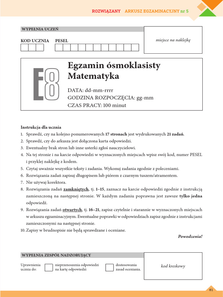 Rozwiązania Zadań - Matematyka, Arkusz 5 (Wydawnictwo Greg) | PDF