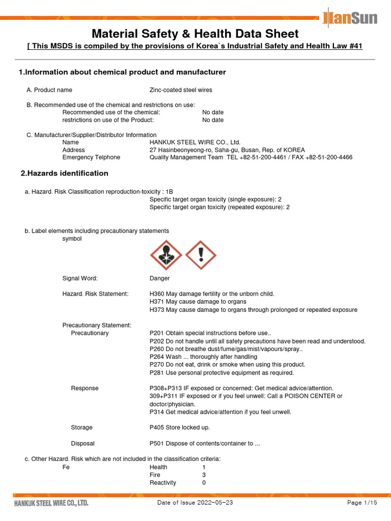 Hansun MSDS (ZSW) en 2022 | PDF | Fires | Explosion