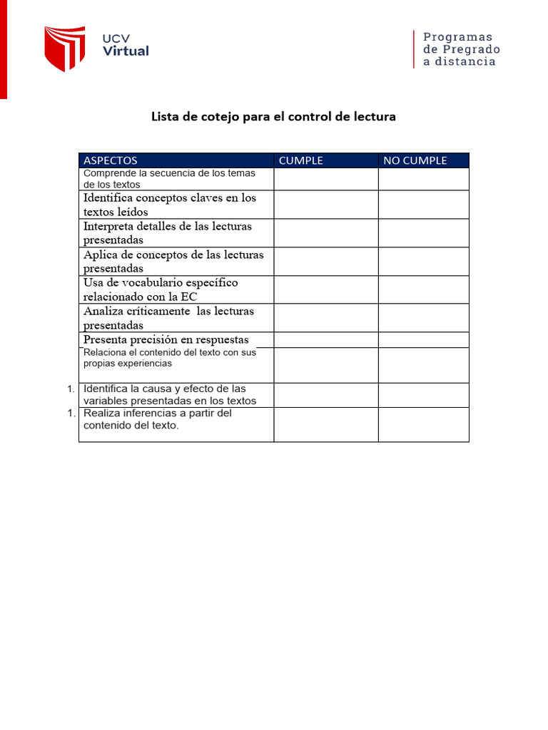 Lista de Cotejo para El Control de Lectura. | PDF | Artes del Lenguaje ...