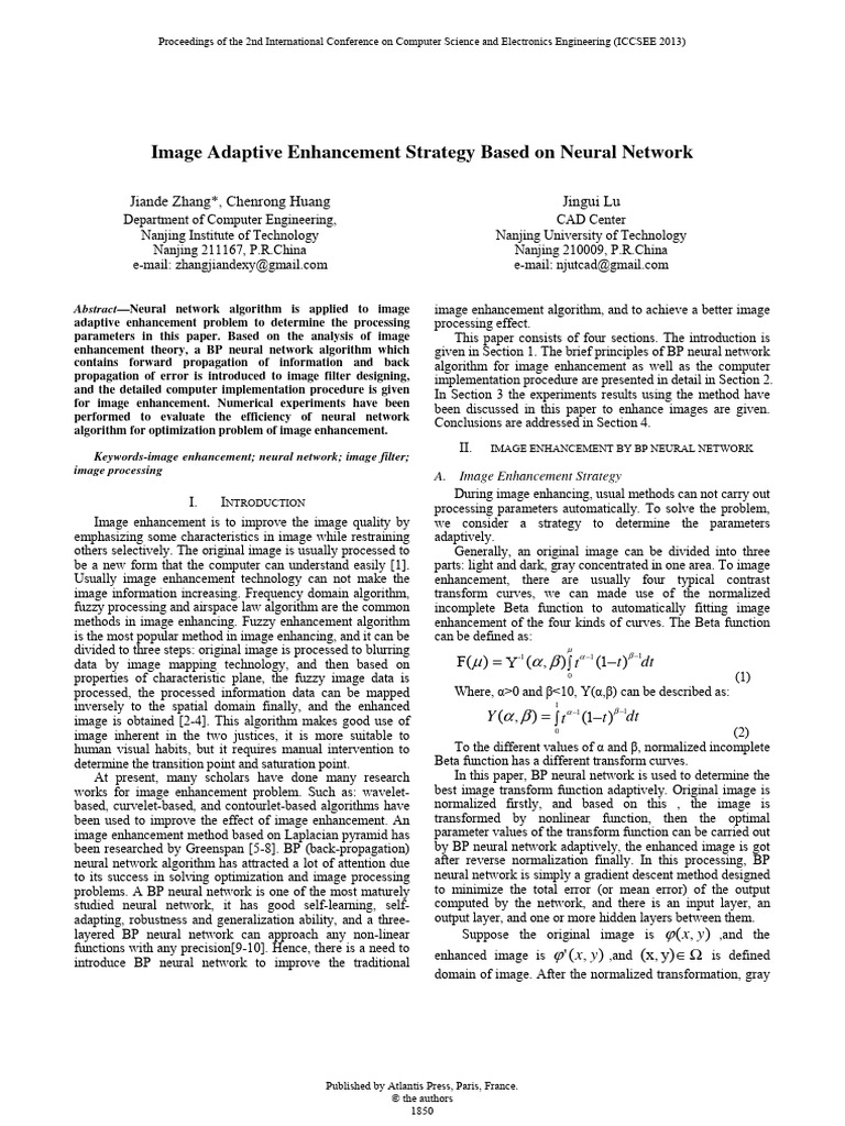 2013 - Image Adaptive Enhancement Strategy Based On Neural Network | PDF | Algorithms | Computer ...