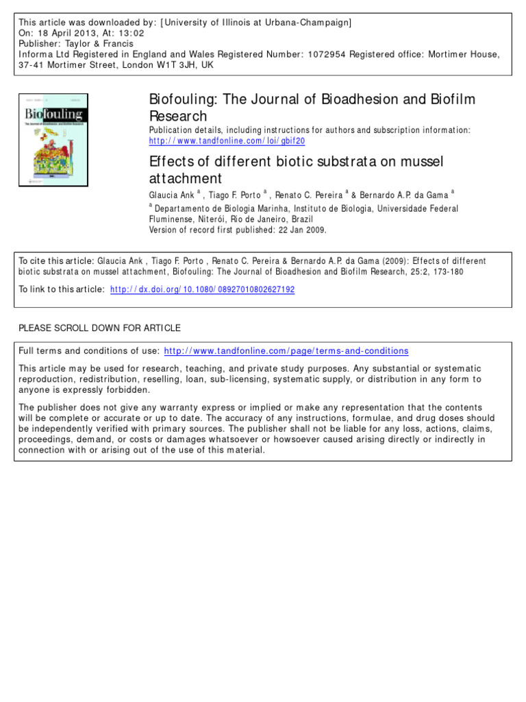 Ank Et Al - Effects of Different Biotic Substrata On Mussel Attachment | PDF | Biofilm | Benthic ...
