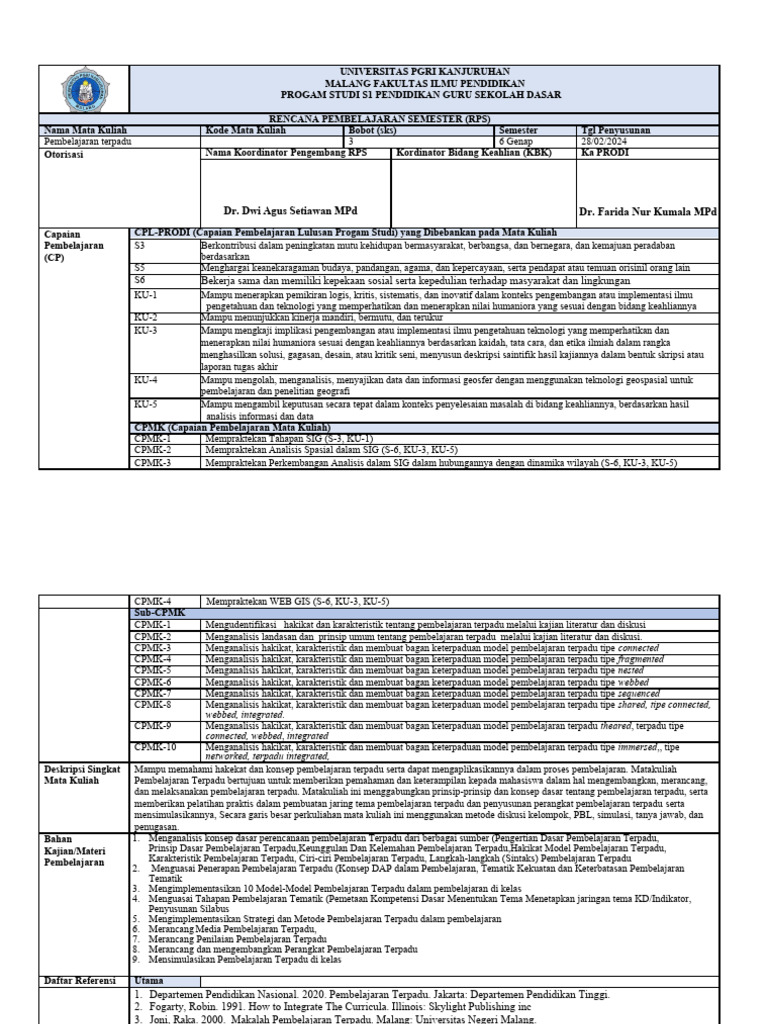 RPS Pembelajaran Terpadu RPS NEW | PDF