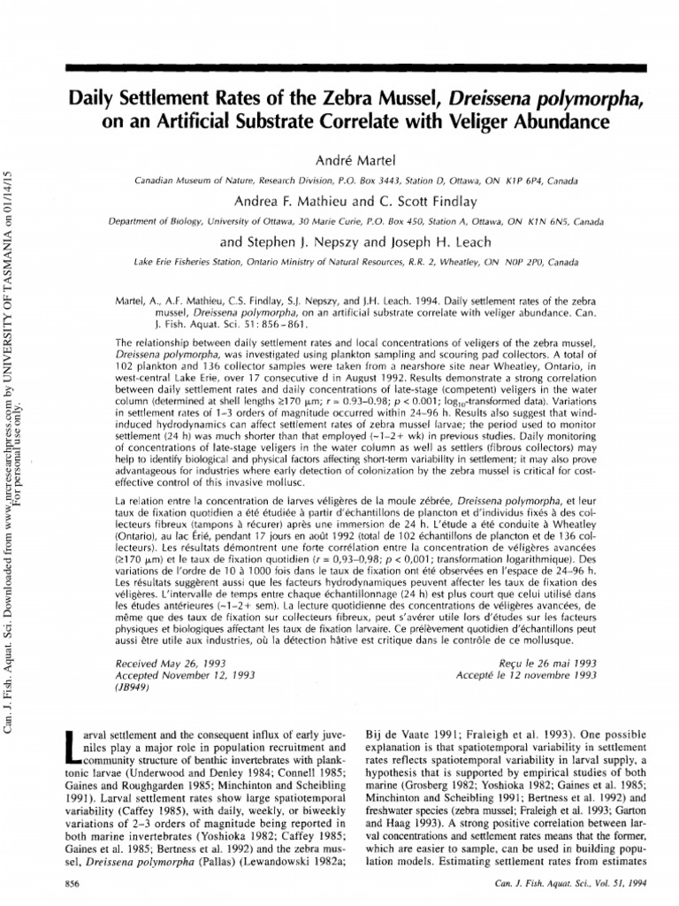 Martel Et Al - Daily Settlement Rates of The Zebra Mussel, Dreissena ...